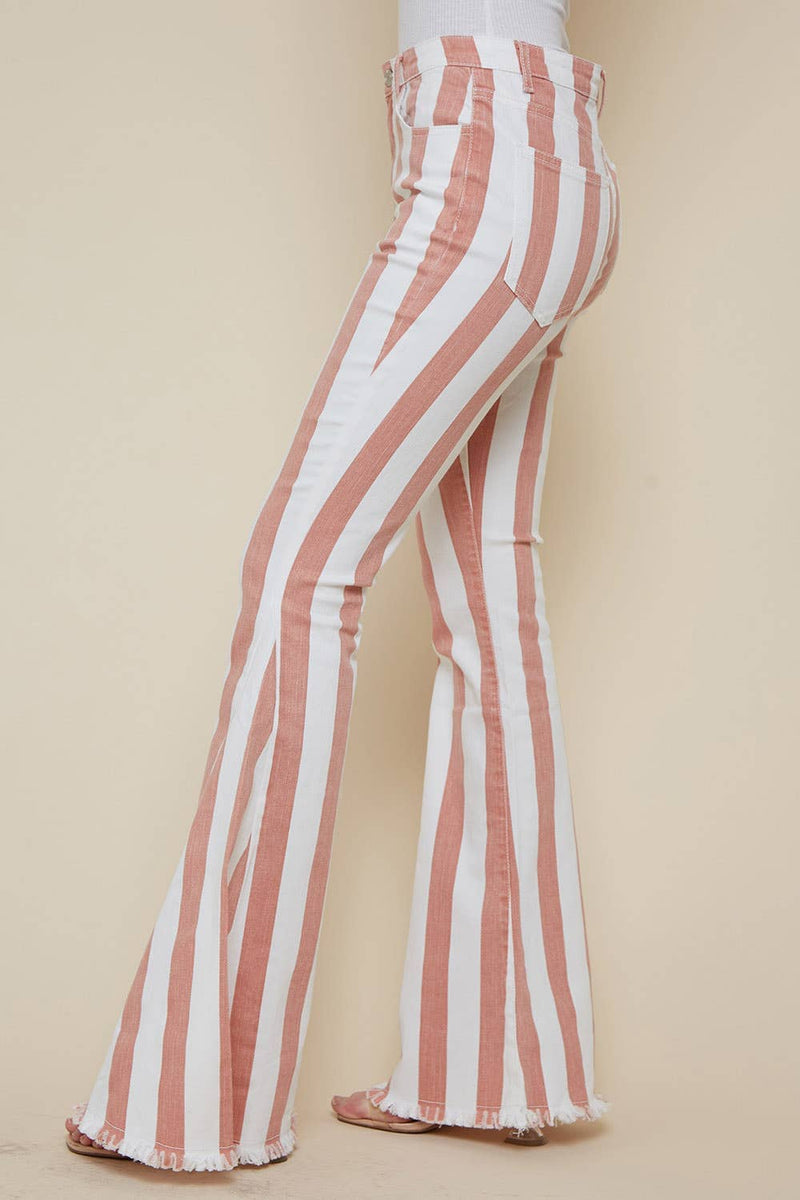 BURNT CORAL STRIPED WASHED DENIM BELL BOTTOMS– A Whole World Of Good