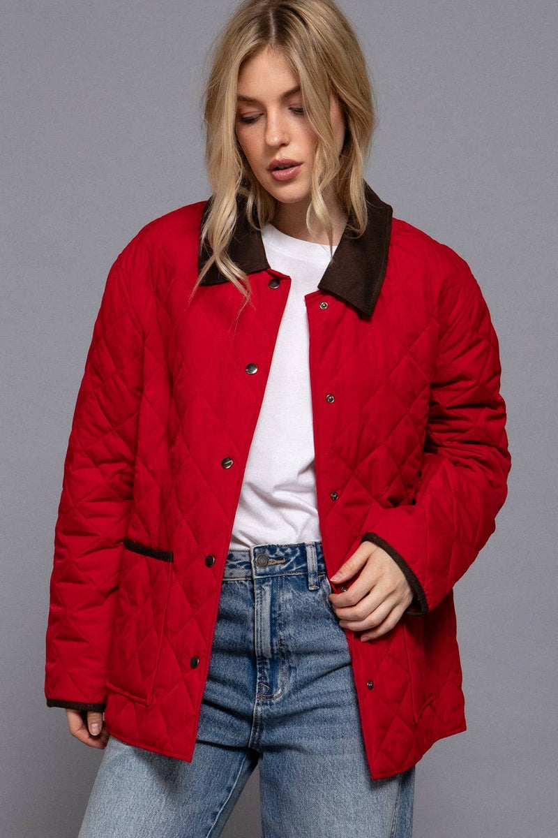 Long Sleeve Contrast Lapel Collar Quilted Puffer Work Jacket | A Whole ...