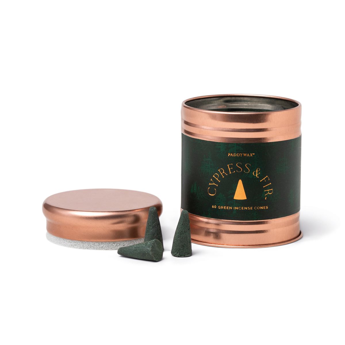CYPRESS & FIR GREEN INCENSE CONES IN COPPER TIN | A Whole World Of Good